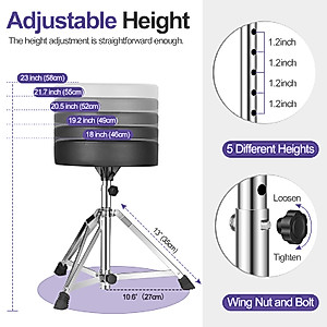OUKMIC Drum Throne, Comfortable Adjustable Height Padded Drummer Stool, Tripod Non-Slip Foot Chair, Portable Folding Music Seat for Adults Kids, 5A Drumsticks Included
