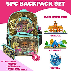 LOL Dolls 5 Piece Backpack Set for Girls, Brush Glitter Sequin School Bag with Front Panel and Mesh Pockets, Insulated Lunch Box, Water Bottle, Pencil Case and Hair Scrunchie, Black and Gold