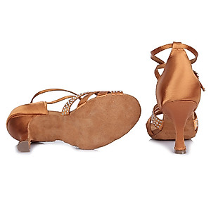 HIPPOSEUS Women's Rhinestone Latin Dance Shoes Shiny Ballroom Salsa Bachata Dancing Shoes Suede Outsole,Brown, 7 B(M) US