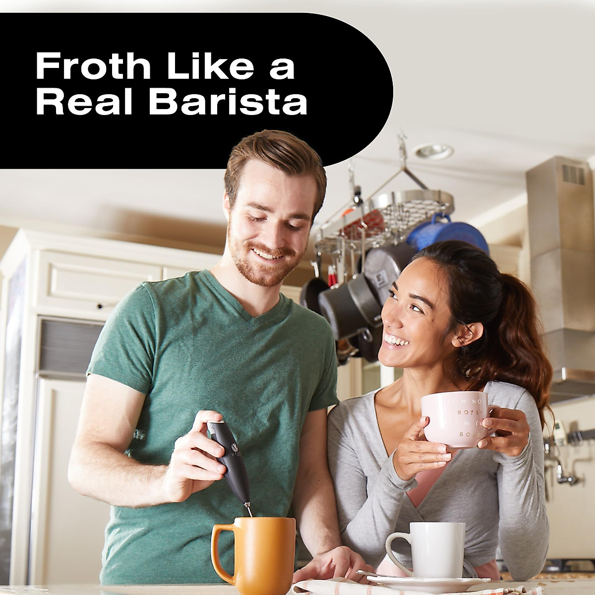 Bean Envy Handheld Milk Frother for Coffee - Electric Hand Blender, Mini Drink Mixer Whisk & Coffee Foamer Wand w/Stand for Lattes, Matcha and Hot Chocolate - Kitchen Gifts - Black