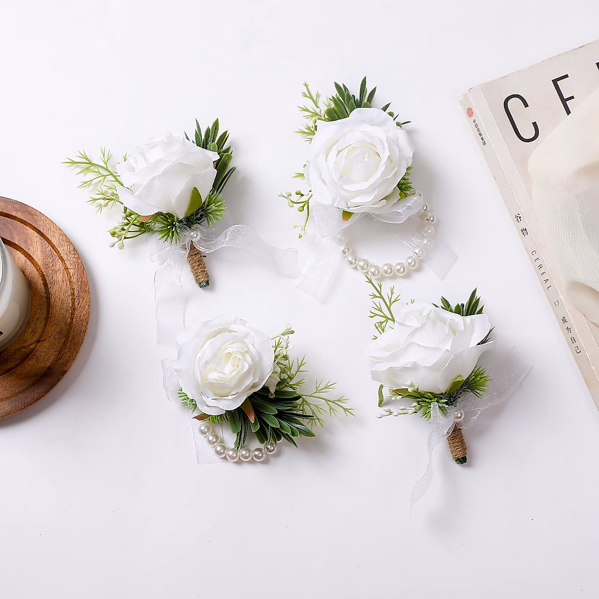 Senseya Wrist Corsage Wristlet Band Bracelet for Girls Women Bride Bridesmaid, Corsages Wristlet Artificial Silk Roseboutonniere Hand Flower Prom Decor (2 Boutonniere & 2 Wrist Corsage White)