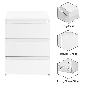 Yaheetech Nightstand with 3 Drawers, Wooden Bedside Table with Storage, Small Bedside Storage Cabinet Unit with Sturdy Base for Bedroom/Small Space, White