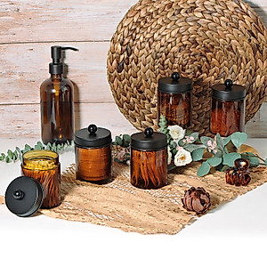 Amolliar Amber Glass Qtip Holder, Apothecary Jars with Matte Black Metal Lid & Stickers-Bathroom Qtip Dispenser Storage Organizer Set,Vanity Counter Canister for Cotton Swabs,Round Pads,Floss (2 Pack)