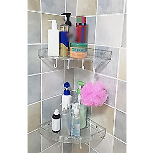 2 Pcs Adhesive Acrylic Corner Shower Caddy Shelf with Hooks Hollow Wall Mounted No Drilling Clear Corner Shelf for Shower Kitchen Organizer