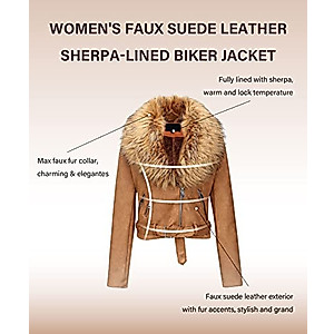 Bellivera Women's Faux Leather Suede Short Jacket Motocycle Sherpa-Lined Coat with Removable Fur Collar 8830 Brown L