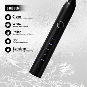 BTFO Sonic Electric Toothbrush with 5 Modes, 2pcs Replacement Brush Heads USB Rechargeable Smart Electronic Toothbrush with Holder for Adults IPX7 Waterproof Smart Timing Fast Charging (Black)