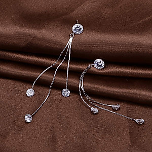 CZ Linear Earrings for Women Super Long Shoulder Earrings Sterling Silver Thread Earrings Crystal Cubic Zirconia Rhinestone Tassel Drops Bridal Chain Earring for Wedding Bride Bridesmaids Party