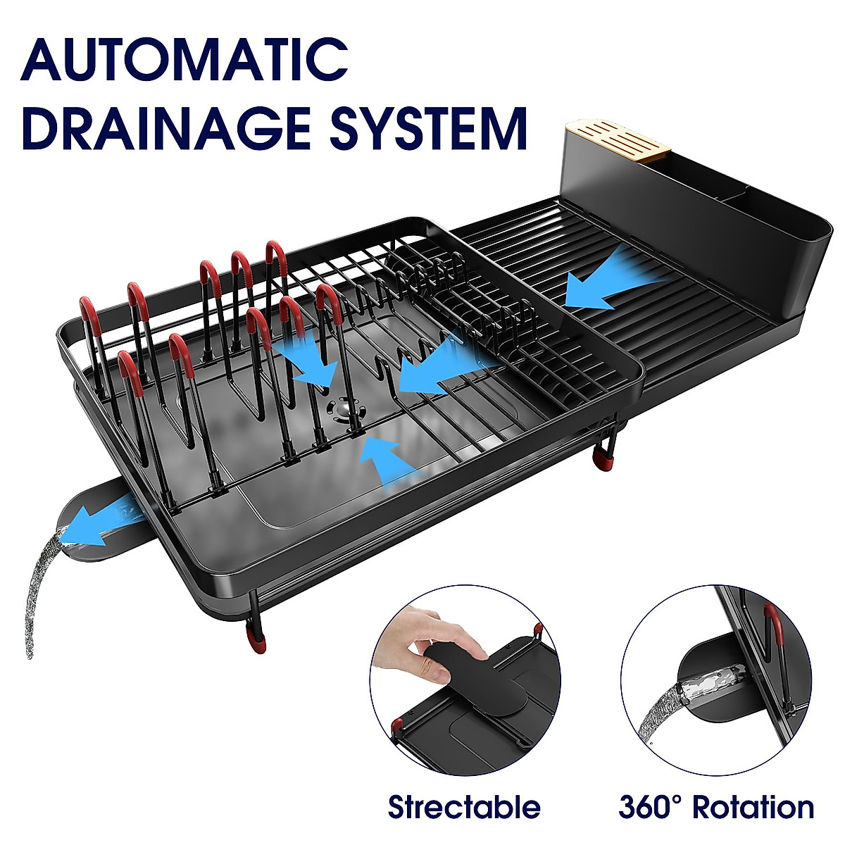 Dish Drying Rack, Expandable(19.3"-26") Dish Rack with Drainboard Set, Extra Large Rustproof Drying Rack for Kitchen Counter, Big Dish Drainers Dryer Racks for Dishes Drain with Utensil & Knife Holder