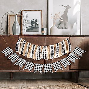 Buffalo Checkered Plaid Banner Set Fabric Black and White Gingham Bunting Tassel Garland Rustic Christmas Birthday Mantel Fireplace Farmhouse Classroom Decorations