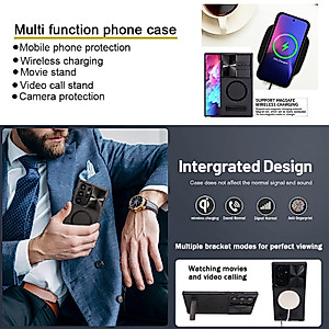 KUGEW for Samsung Galaxy S23 Ultra Case with Kickstand & Camera Cover, 3-Way Metal Stand[Horizontal & Vertical Stand] Luxury Leather Back Slim Fit Rugged Bumper Cover Heavy Duty Shockproof (Black)