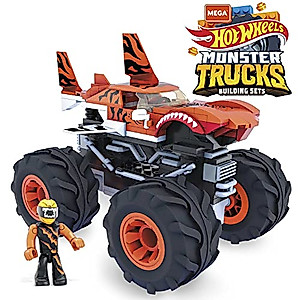 MEGA Hot Wheels Monster Trucks Building Toy Playset, Tiger Shark with 187 Pieces, 1 Micro Action Figure Driver, Orange and Black, Kids Age 5+ Years