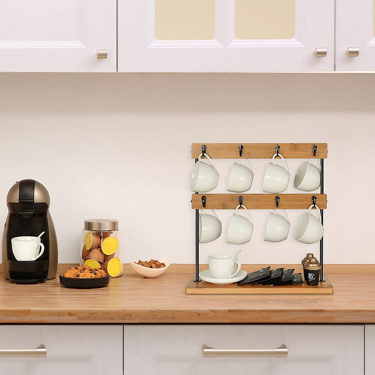 Aomomery Rustic Coffee Mug Holder Stand, Bamboo Mug Tree for 16 Hooks, 2-Tier Countertop Coffee Cup Holder with Storage Base for Kitchen