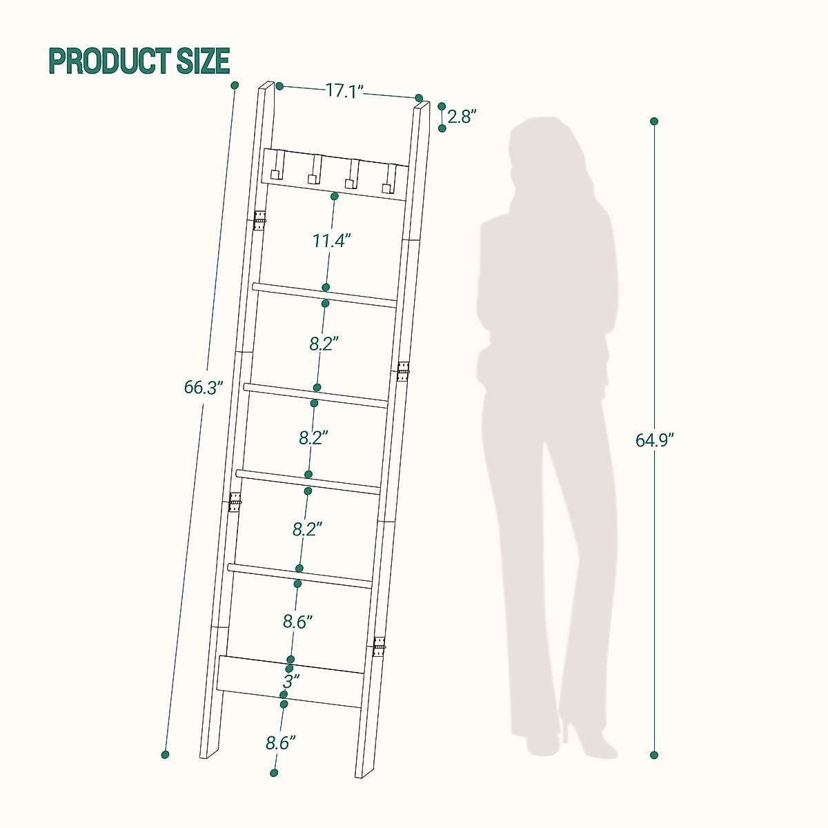 Hzuaneri Blanket Ladder Shelf for Living Room, Decorative Quilt Rack with 4 Removable Hooks, 6-Tier Farmhouse Ladder Holder Organizer for Bedroom, Rustic Brown BR31501B