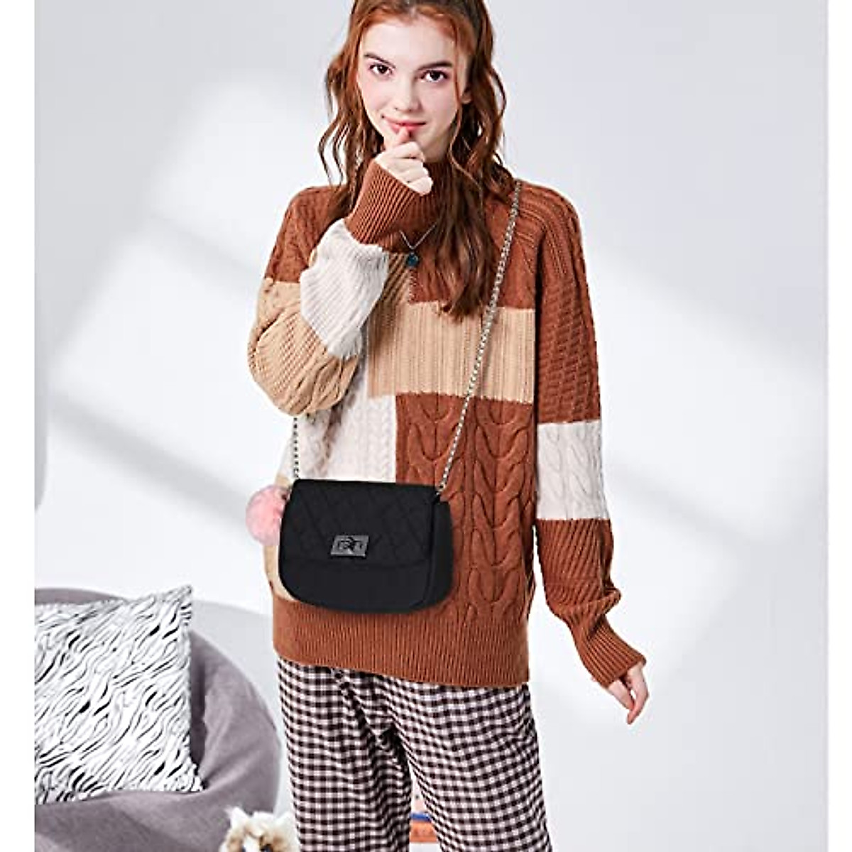 JSTRIVE Cute Purses for Teen Girls Small Purse and Quilted Crossbody bags for Women with Chain Strap, Nylon Lightweight, 8” Black