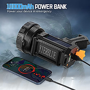 YIERBLUE Rechargeable Spotlight Flashlight with Solar Panels, 1000,000 High Lumen Outdoor Handheld Spot Lights and Flood Light, Foldable Stand and 3 Colors Lenses for Boating Hunting and Camping