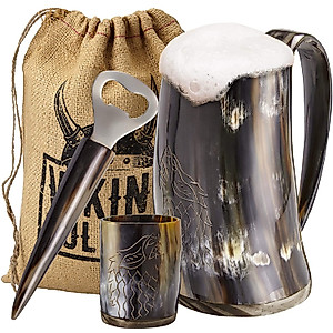 Viking Culture Ox Horn Mug, Shot Glass, and Bottle Opener (3 Pc Set) Authentic 16-oz. Ale, Mead, and Beer Tankard | Vintage Stein with Handle | Custom Intricate Design - Polished Finish | Wolf/Fenrir