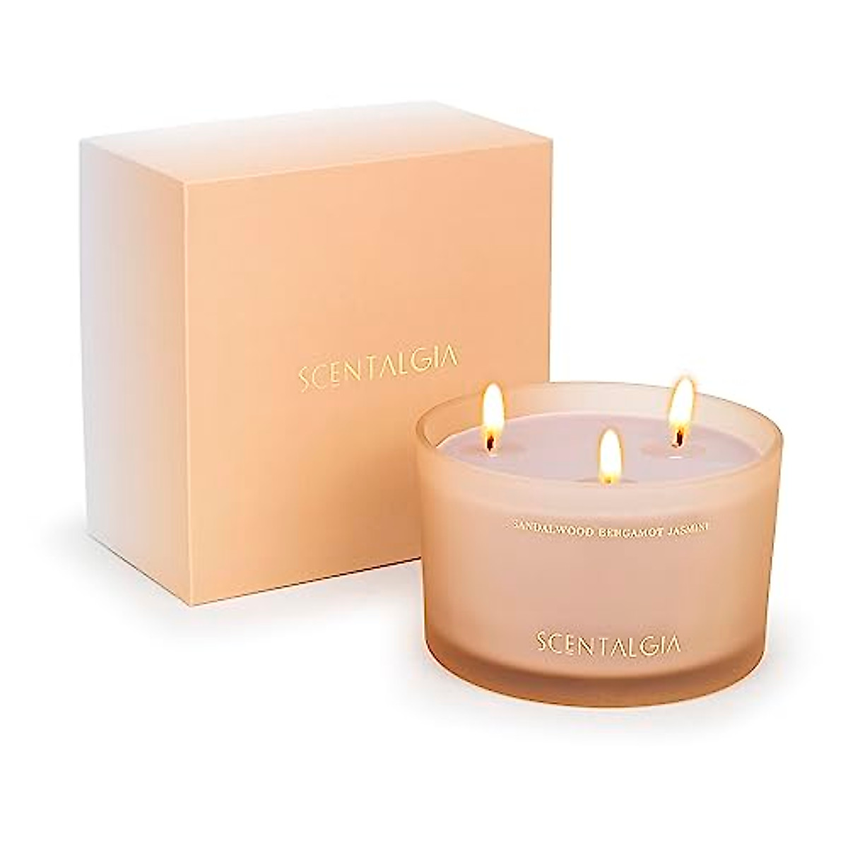 SCENTALGIA Scented Soy Candle Jar with Sandalwood, Bergamot, Jasmine Fragrance - 3 Wick Large Candles with Long-Lasting 55 Hours Burn Time - Perfect for Home, Office, Spa, Yoga, Meditation & Gifts