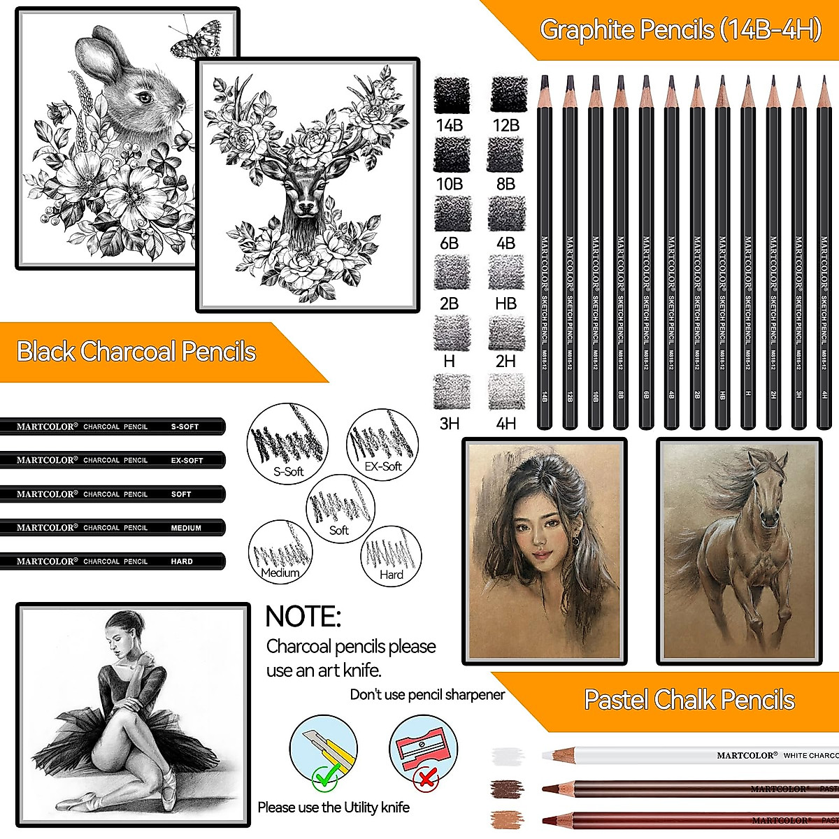 MARTCOLOR Drawing Sketching Pencils Set, 34 Pieces Pro Art Pencil Kit - Graphite Pencils (14B-4H), Charcoal Pencils, Charcoal Sticks, Artist Pencils for Beginners & Pro Artists