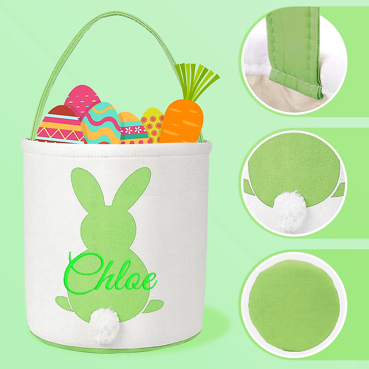 Amidaky Personalized Easter Bunny Basket for Kids Easter Canvas Basket with Handle Egg Bunny Bucket Green
