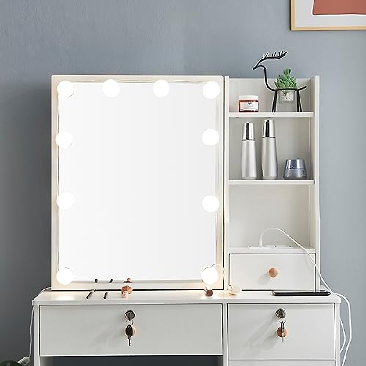 Vanity Table Set with Powewr Outlet & Mirror, White Modern Vanity Desk with 10 LED Lights, Makeup Vanity with 5 Drawers and Cushioned Stool, Makeup Dressing Table Dresser for Girls Bedroom