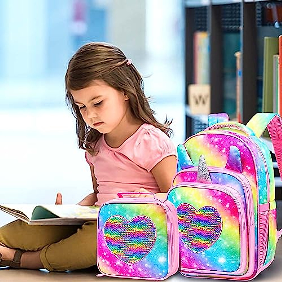 gxtvo 3PCS Girls Backpack, 16" Unicorn Rainbow Sequin Preschool Elementary Bookbag and Lunch Box
