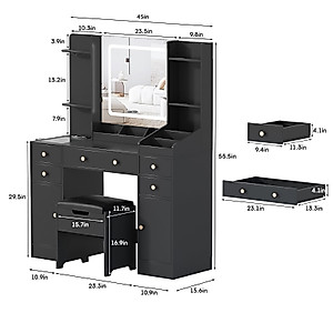 Fameill Black Makeup Vanity with 10 Lights & Power Outlets, Big Vanity with 3 Storage Compartments, Vintage Vanity Set with Large Drawers and Storage Cabinet, 45in