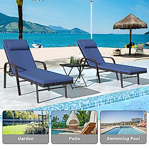 Gotland Patio Chaise Lounge Sets Outdoor Armchair Recliner Rattan Adjustable Back 3 Pieces Cushioned Patio Folding Chaise Lounge with Folding Table