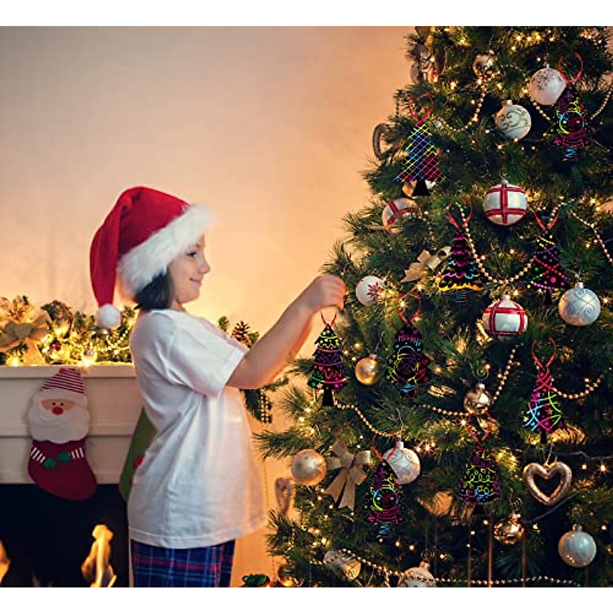 WhatSign Christmas Ornament Crafts for Kids 24Pcs Rainbow Christmas Scratch Cards DIY Christmas Scratch Art Paper Ornaments Craft Christmas Crafts for Kids Classroom Christmas Party Favors Decorations