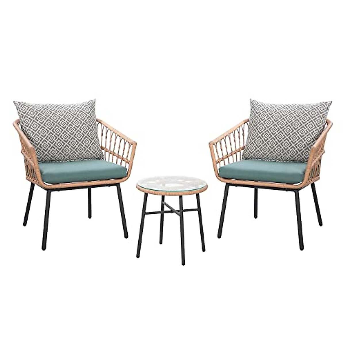 Super Patio 3 Piece Patio Set, Outdoor Furniture Wicker Bistro Set Rattan Chair Conversation Sets with Coffee Table and Cushions, Turquoise/Gray