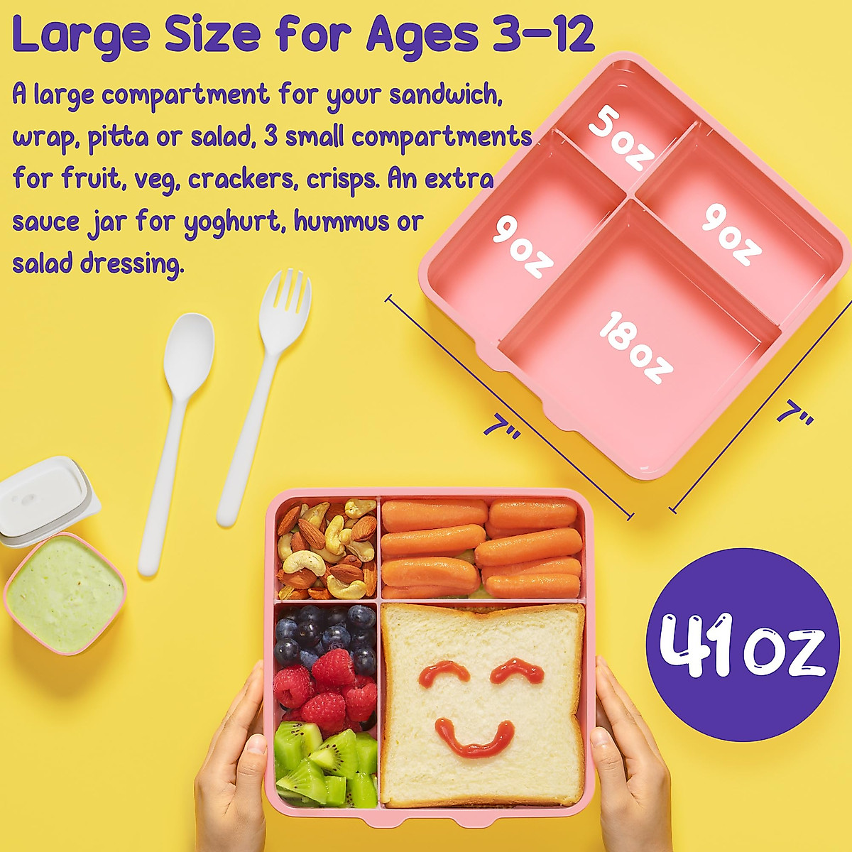 Fimibuke Bento Lunch Box for Kids, Leak Proof Toddler Bento Box with 4 Compartments BPA Free Dishwasher Safe Lunch Container with Utensils, Ideal Portion Sizes for Ages 3-12 Girls Boys for School