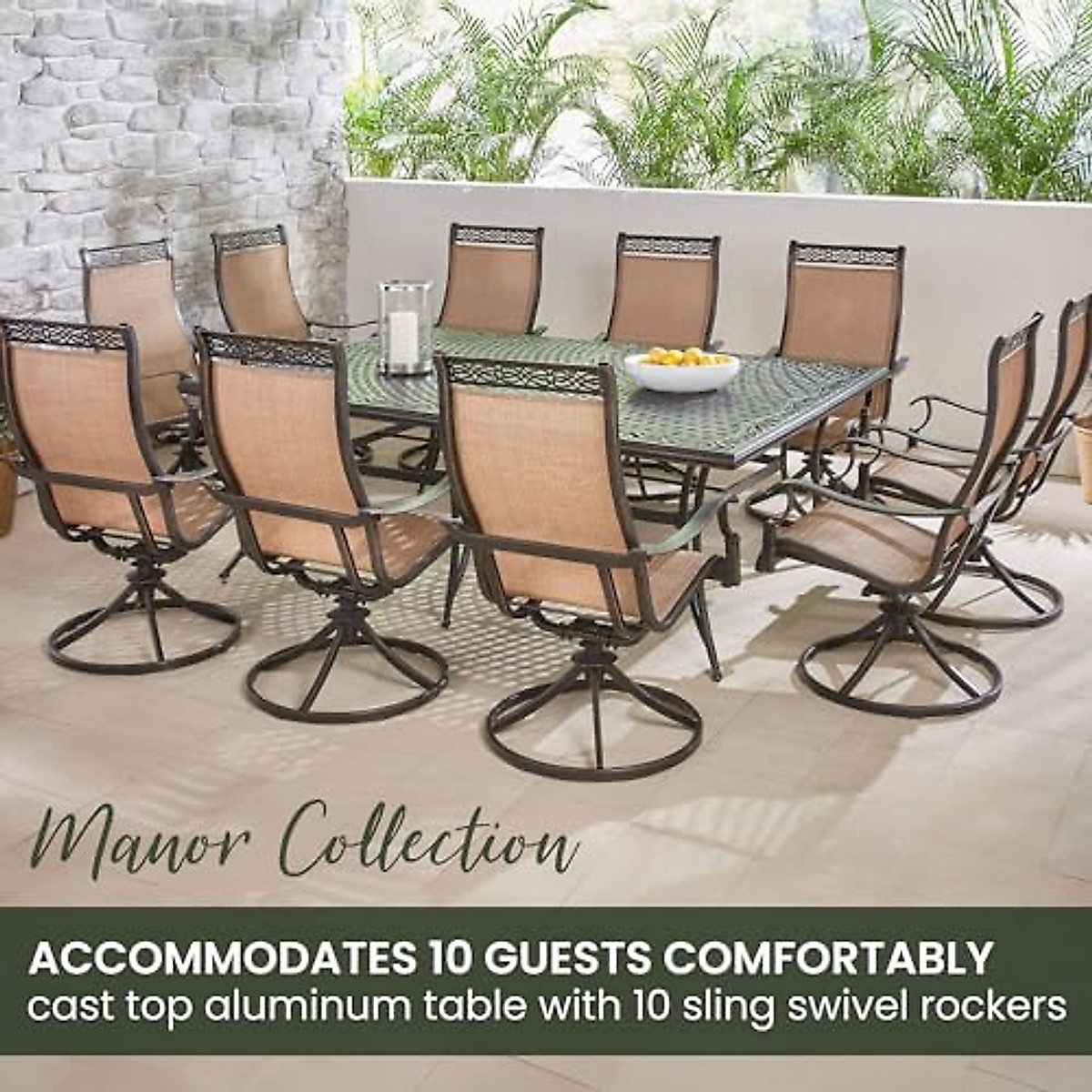 Hanover Manor 11-Piece Outdoor Dining Set with 10 Comfortable Swivel Rockers and an Extra-Large 60" x 84" Aluminum Cast-Top Dining Table, 10 person Patio Table and Chairs for Backyard, Deck, Porch