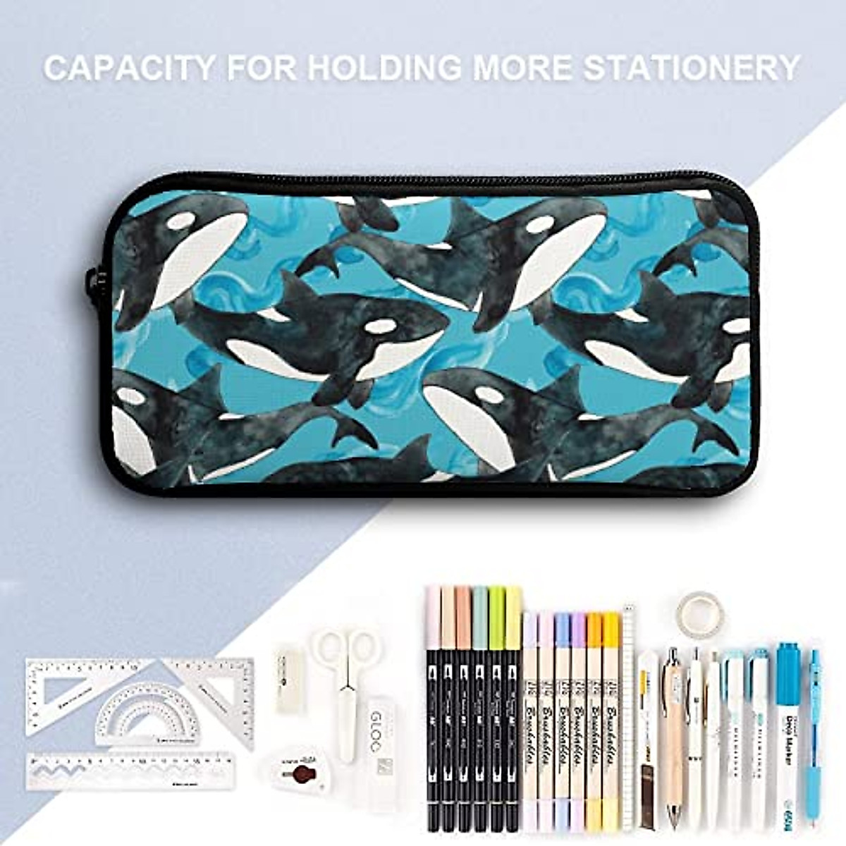 Watercolor Orcas Pencil Case Makeup Bag Big Capacity Pouch Organizer for Office College