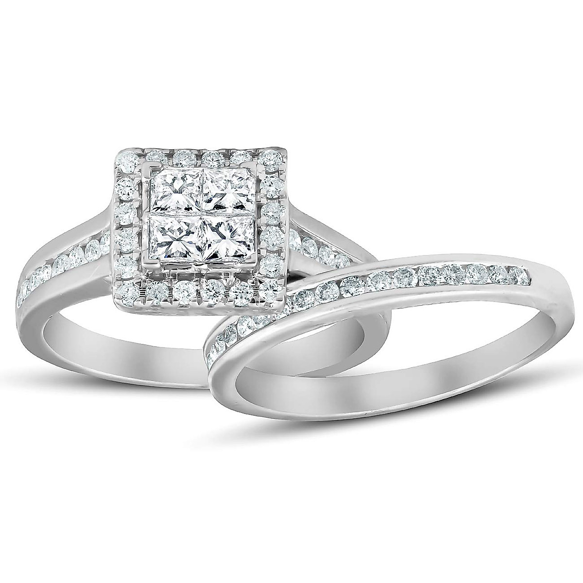 1 Ct TDW Princess Cut Halo Diamond Engagement Wedding Ring Set 10k White Gold - Size 6.5