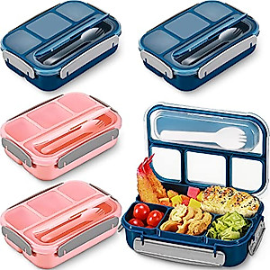 4 Pack Bento Box Adult Lunch Box, 1300ml Large Bento Lunch Box Containers for Kids Adults Toddler Meal Box with 4 Compartment and Fork, Leak Proof, Microwave, Dishwasher, Pink and Blue