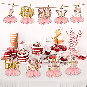 Pink Rose Gold 80th Birthday Honeycomb Centerpieces Decorations for Women, 9Pcs Rose Gold Happy 80th Birthday Table Centerpieces Party Supplies, Eightieth Year Old Birthday Table Toppers Sign Decor