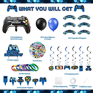 Mpanwen Blue Gamer Birthday Party Decoration - 218Pcs Video Game Gaming Party Supplies For Boys Birthday Party - Backdrop, Table Cover, Cupcakes Wrappers, Stickers, Bracelets Serves 10 Guests