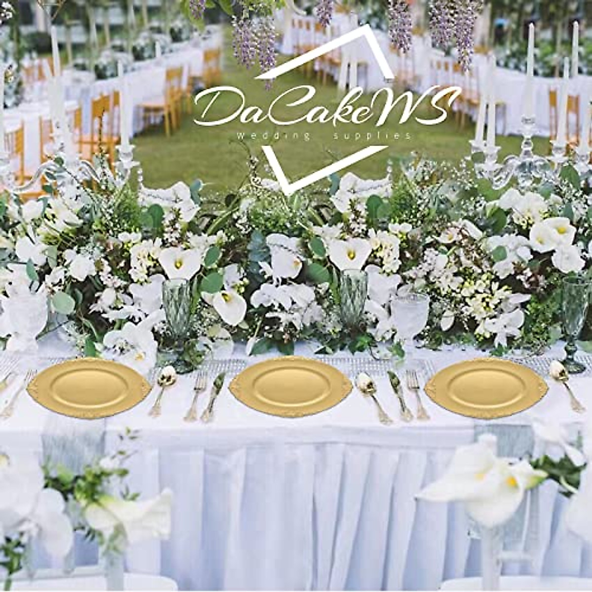 DaCakeWS Gold Antique Charger Plates Set of 12, 13" Round Plastic Chargers For Dinner Plates,Wedding Reception Antique Chargers Plates For Tabletop Decor Catering Event(Gold Antique12PCS)