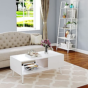 Yusong Modern Wood Coffee Table for Living Room, Retro Mid-Century Center Tables Cocktail Table with Storage Shelf for Reception, White