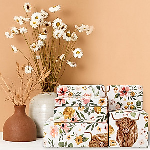 AnyDesign Boho Floral Highland Cow Wrapping Paper Folded Flat Boho Flower Gift Wrap Paper Bulk Cute Cow Art Paper for Birthday Wedding Baby Shower DIY Crafts Gift Packing, 19.7 x 27.6 in, 6 Sheet