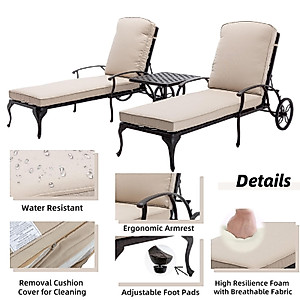 Luccalily Chaise Lounge Outdoor Chair with Side Table, Adjustable Reclining Rust-Resistant Aluminum Cast Poolside Chaise with Convenient Wheels, Outdoor Lounge Furniture Set of 3, (Beige)