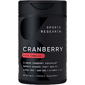 Sports Research Cranberry Fruit Complex Supplement - Softgels for Urinary Tract Health Support - Equal to 25,000mg of Cranberries, Made with Pacran & Vitamins C & E - Non-GMO & Gluten Free - 90 Count