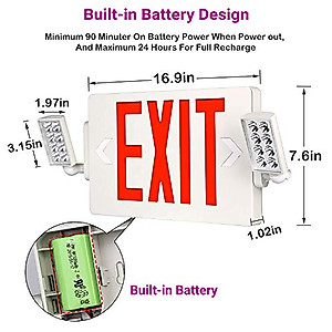 Ultra Slim Red Combo Exit Sign with Emergency Lights,120-277V Double Face LED Combo Emergency Light with Adjustable Two Head and Backup Battery Commercial Grade, UL Certified, 5 Years Warranty- 2 Pack