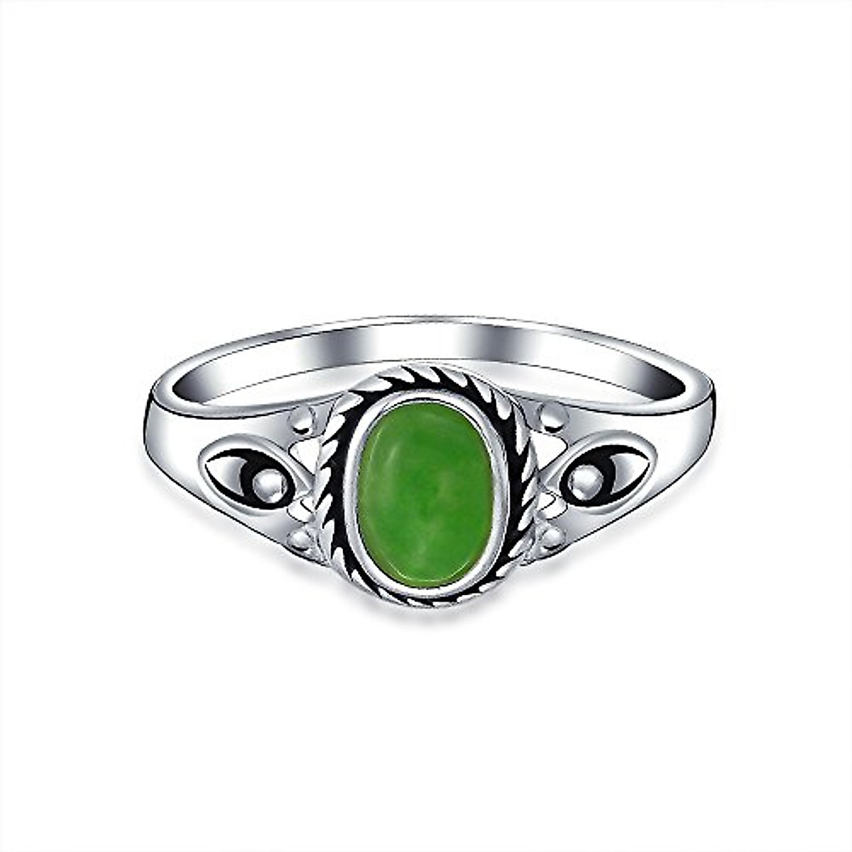 Bling Jewelry Petite Cabochon Boho Fashion Bali Style Oval Dyed Green Jade Bezel Filigree Band Ring For Women .925 Sterling Silver August Birthstone