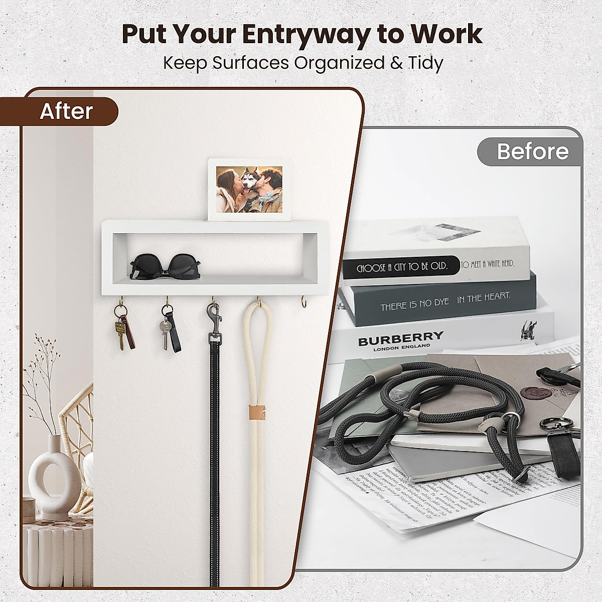 Lwenki Wall Shelf with Hooks - Decorative Key and Wallet Holder for Wall Holds Sunglasses, Leashes, Scarves and Lanyards - 15.7" x 5.1" x 2.9" Entryway Organizer Made of Paulownia Wood (White)