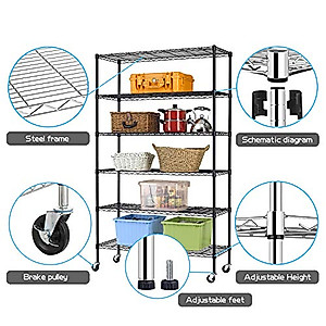 HCB 6-Tier Storage Shelf Heavy Duty Wire Shelving Unit 82"x48"x18" Height Adjustable Metal Steel Wire with Casters For Restaurant Garage Pantry Kitchen Rack (Chrome)