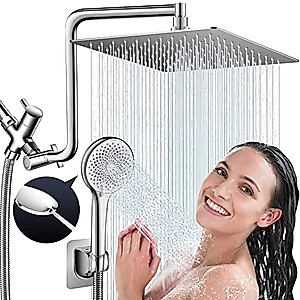 Shower Head High Pressure, 10" Rain Shower Head with Handheld Combo, with Upgraded 12" Adjustable Curved Shower Extension Arm, 4 Settings Handheld Shower Built-in Power Wash, Height/Angle Adjustable
