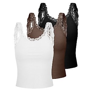 Sintege 3 Pcs Women's Lace Patchwork Tank Top Lace Camisole Tank Sleeveless Cami Crop Lacework Trim Y2k Tops(Small,Black, White, Coffee)
