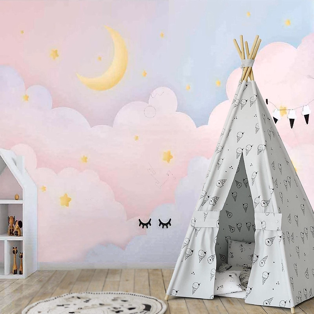 Cartoon Moon Clouds Stars 3D Wallpaper Mural, Cute Pink Clouds Photo Mural Wallpaper, Wall Murals Space for Kids Room Living Bedroom Sofa TV Background Decor - 144"x 100"(W x H)