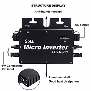 Pikasola 600W Waterproof IP65 Micro Solar Inverter with 22-50VDC Wide Input Voltage to auto 110VAC for 2 pcs 300w Solar Panels MPPT Grid Tie Inverter
