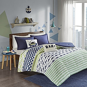 Urban Habitat Kids 100% Cotton Comforter Set-Fun Print and Vibrant Color Modern Design All Season Cozy Bedding,Matching Shams,Decorative Pillow, Full/Queen,Shark Stripes Green/Navy with 2dec pillows